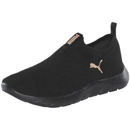 Slip-On Sneaker Puma "SOFTRIDE REMI SLIP-ON KNIT WN'S", Damen, Gr. 36, Puma schwarz, Puma gold, Textil, Schuhe, f&uuml;r Sport, mit SOFTFOAM+ D&auml;mpfung, aus gestricktem Textil