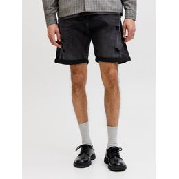 Jack & Jones Shorts JACK & JONES "JJIRICK JJFOX SHORTS CB 310 SN", Herren, Gr. L, N-Gr, schwarz denim pack:am 321 with breaks, Web, Obermaterial: 50% Baumwolle, 33% Polyester, 7% Lyocell, 4% Viskose, 4% sonstige Fasern, 2% Elasthan, Abriebeffekte, regular fit kniefrei, Hosen Shorts, im Four-Pocket Style