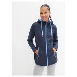 Strickfleecejacke bonprix, Damen, Gr. 40/42 (M), dunkelblau meliert, Strick, Obermaterial: 100% Polyester. Kapuzenfutter: 65% Polyester, 35% Baumwolle, kontrastfarbene Details, unifarben, bequem Po-bedeckend, Jacken, bequeme Passform, mit Kapuze, mit verschlie&szlig;baren Taschen