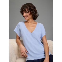 Kurzarmpullover Laura Scott "aus sommerlich leichtem Perlstrick in Shirt-Form", Damen, Gr. 40/42, blau, Feinstrick, Obermaterial: 50% Baumwolle, 50% Polyacryl, unifarben, figurumspielend h&uuml;ftlang, V-Ausschnitt, angeschnitten Strickkante, Pullover, mit moderner, l&auml;ssiger Passform und sch&ouml;nem V-Ausschnitt