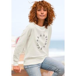 Sweatshirt ELBSAND "Zaara", Damen, Gr. L (40), beige (creme), angeraute Sweatware, Obermaterial: 95% Baumwolle, 5% Elasthan, unifarben mit Farbeinsatz, figurumspielend h&uuml;ftlang, Rundhals, Sweatshirts Sweatshirt, mit Frontprint, Rundhalsausschnitt, Printpullover, casual-sportlich