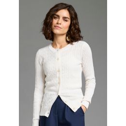 Strickjacke Laura Scott "im Fr&uuml;hlings-Look", Damen, Gr. 32/34, sanftes wei&szlig;, Feinstrick, Obermaterial: 50% Baumwolle, 50% Polyacryl, unifarben, figurbetont h&uuml;ftbedeckend, Rundhals, Rippb&uuml;ndchen, Strickjacken Strickjacke, mit Zopfstrickmuster und zarter Knopfleiste