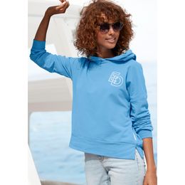 Kapuzensweatshirt ELBSAND "Jonna", Damen, Gr. L (40), blau (azurblau), Sweatware, Obermaterial: 95% Baumwolle, 5% Elasthan, unifarben, figurumspielend h&uuml;ftlang, ohne Ausschnitt, angesetztes B&uuml;ndchen, Sweatshirts, mit gro&szlig;em Logodruck auf dem R&uuml;cken, bequemer Hoodie aus Baumwolle