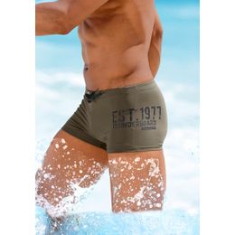Boxer-Badehose Bruno Banani, Herren, Gr. 4, N-Gr, gr&uuml;n (oliv), Polyamid, unifarben, Badehosen, mit seitlichem Print