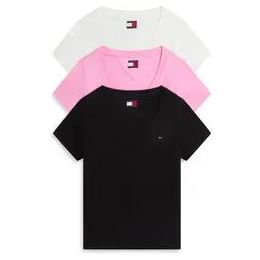 Tommy Hilfiger V-Shirt TOMMY JEANS "TJW 3PACK V-NECK TEE", Damen, Gr. XL (46), schwarz, ecru, pink daisy, Single Jersey, Obermaterial: 100% Baumwolle, unifarben, normal, V-Ausschnitt, Shirts, Baumwolle, V-Ausschnitt, 3 St&uuml;ck im Set