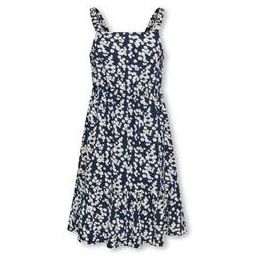 Sommerkleid KIDS Only "KOGZALINA LIFE STRAP DRE", M&auml;dchen, Gr. 146, N-Gr, navy blazer, Web, Obermaterial: 100% Viskose, bedruckt, gebl&uuml;mt, figurumspielend normal, eckiger Ausschnitt, Kleider Sommerkleid, mit Cut-Out und Schleifendetail im R&uuml;cken