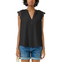 Blusentop QS, Damen, Gr. 44, schwarz, Web, Obermaterial: 100% Viskose, unifarben, normal h&uuml;ftbedeckend, Rundhals, mit &Auml;rmelbesatz H&auml;kelkante, Blusen Blusentop, Sommmertop mit H&auml;kel-Details an der Schulter