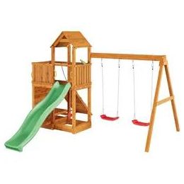 Spielturm Fungoo "FLOPPI", teakfarben, Spielt&uuml;rme, KinderB:379cm H:262cm T:396cm, FSC-zertifizierter Massivholz, Metall, Polyethylen, mit Rutsche, Doppelschaukel, Kletterwand, Teleskop, Lenkrad, B:379cm H:262cm T:396cm
