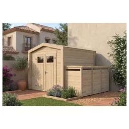 Gartenhaus Weka "Killarney", naturbelassen, ohne Fu&szlig;boden, ohne Dacheindeckung, Massivholz, Gartenh&auml;user, Gartenhaus, Doppelt&uuml;r, 1/4 verglast, inkl. 3er M&uuml;lltonnenbox