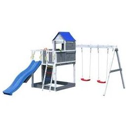 Spielturm Fungoo "Treehouse", blau, Spielt&uuml;rme, KinderB:443cm H:272cm T:501cm, FSC-zertifizierter Massivholz, Metall, Polyethylen, mit Spielhaus, Rutsche, Doppelschaukel, Kletterwand, B:443cm H:272cm T:501cm