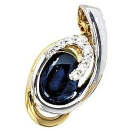 Kettenanh&auml;nger Jobo "Anh&auml;nger Saphiranh&auml;nger 15 mm", gelbgold 585, blau, Schmuckanh&auml;nger, Damen, P1 = bei 10-facher Vergr&ouml;&szlig;erung erkennbare Einschl&uuml;sse, Diamanten Gelbgold 585 Wei&szlig;gold 585, Diamanten, Gelbgold 585, Wei&szlig;gold 585, Kettenanh&auml;nger, 14 Karat 585 Gelbgold Bicolor mit Saphir und 8 Diamanten