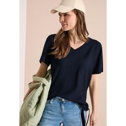 Kurzarmbluse Cecil, Damen, Gr. L (42), universal blau, Stoff, 100% Viskose, unifarben, klassisch normal, V-Ausschnitt, normaler Saum, Blusen, mit Knotendetail am Saum