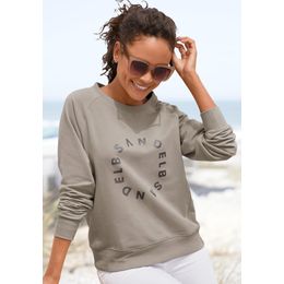 Sweatshirt ELBSAND "Zaara", Damen, Gr. L (40), grau (taupe), angeraute Sweatware, Obermaterial: 95% Baumwolle, 5% Elasthan, unifarben mit Farbeinsatz, figurumspielend h&uuml;ftlang, Rundhals, Sweatshirts Sweatshirt, mit Frontprint, Rundhalsausschnitt, Printpullover, casual-sportlich