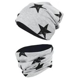 Beanie TUPTAM "M&uuml;tze Unisex Kinder Beanie M&uuml;tze Schlauchschal Set", Jungen, Gr. 50, schwarz (sterne schwarz, grau meliert), Obermaterial: 95% Baumwolle CO. 5% Elasthan EL., M&uuml;tzen Beanie