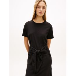 Shirtkleid Tommy Hilfiger "CO SLUB KNOT MIDI DRS", Damen, Gr. XS (34), N-Gr, schwarz, Jersey, Obermaterial: 100% Baumwolle, unifarben, gerade wadenlang, Rundhals, Kleider Shirtkleid, mit Bindeg&uuml;rtel