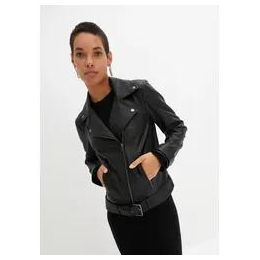 Bikerjacke bonprix, Damen, Gr. 40, schwarz, Web, Obermaterial: 100% Viskose. Futter: 100% Polyester, unifarben, figurumspielend taillenbedeckt, mit Riegel angesetztes B&uuml;ndchen mit Druckknopf, Jacken, mit G&uuml;rtelschlaufen und abnehmbarem G&uuml;rtel am Bund, aus Lederimitat