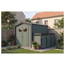 Gartenhaus Weka "Killarney", gr&uuml;ngrau, anthrazit, ohne Fu&szlig;boden, ohne Dacheindeckung, Massivholz, Gartenh&auml;user, Gartenhaus, Doppelt&uuml;r, 1/4 verglast, inkl. 3er M&uuml;lltonnenbox