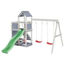 Spielturm Fungoo "FLOPPI", grau, Spielt&uuml;rme, KinderB:379cm H:262cm T:396cm, FSC-zertifizierter Massivholz, Metall, Polyethylen, mit Rutsche, Doppelschaukel, Kletterwand, Teleskop, Lenkrad, B:379cm H:262cm T:396cm