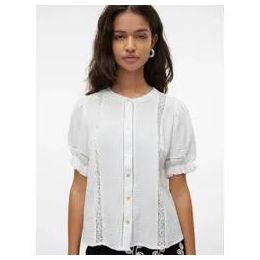 V&eacute;ro Moda Kurzarmbluse VERO MODA "VMNATALI 2/4 LACE SHORT TOP WVN NOOS", Damen, Gr. M, snow wei&szlig;, Web, Obermaterial: 100% Baumwolle, unifarben, regular fit normal, Rundhals, Blusen, Baumwolle, regular fit