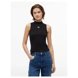 Tommy Hilfiger Tanktop TOMMY JEANS "TJW SLIM BADGE RIB MOCK TANK", Damen, Gr. S (36/38), schwarz, Rippware, Obermaterial: 95% Baumwolle, 5% Elasthan, unifarben, slim fit normal, Rundhals, Tops Tanktop, Baumwollmischung, slim fit, igurbetont, in gerippter Struktur