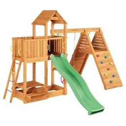 Spielturm Fungoo "FLUPPI", gr&uuml;n, Spielt&uuml;rme, KinderB:384cm H:262cm T:408cm, FSC-zertifizierter Massivholz, Metall, Polyethylen, mit Rutsche, Schaukel und Kletterger&uuml;st und Picknicktisch, B:384cm H:262cm T:408cm