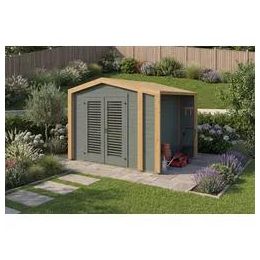 Gartenhaus Weka "Killarney", gr&uuml;ngrau, eiche hell, ohne Fu&szlig;boden, ohne Dacheindeckung, Massivholz, Gartenh&auml;user, Gartenhaus, Doppelt&uuml;r mit Lamellen