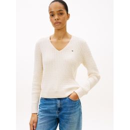 V-Ausschnitt-Pullover Tommy Hilfiger "CO CABLE V-NK LS SWT", Damen, Gr. XXL (44), wei&szlig; (ivory petal), Strick, Obermaterial: 100% Baumwolle, meliert, normal kurz, V-Ausschnitt, Rippstrickb&uuml;ndchen, Pullover, mit Zopfmuster, Logostickerei