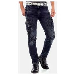 Cipo & Baxx Cargojeans CIPO & BAXX "Jeans", Herren, Gr. 30, L&auml;nge 34, blau (dunkelblau), 94% Baumwolle, 4% Polyester, 2% Elasthan, unifarben, slim fit lang, Jeans, mit Verschlussschnallen und Stickereien, CD-440