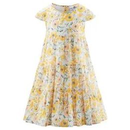 Sommerkleid happy girls, M&auml;dchen, Gr. 152, N-Gr, gelb, Web, Obermaterial: 100% Baumwolle. Futter: 100% Baumwolle, bedruckt, gebl&uuml;mt, ausgestellt knieumspielend, Rundhals, Kleider Sommerkleid, mit tollen Volants und mit Knopfleiste im R&uuml;cken