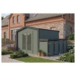 Gartenhaus Weka "Killarney", gr&uuml;ngrau, anthrazit, ohne Fu&szlig;boden, ohne Dacheindeckung, Massivholz, Gartenh&auml;user, Gartenhaus, Doppelt&uuml;r mit Lamellen, inkl. 4er M&uuml;lltonnenbox