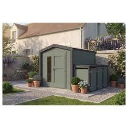 Gartenhaus Weka "Killarney", gr&uuml;ngrau, anthrazit, ohne Fu&szlig;boden, ohne Dacheindeckung, Massivholz, Gartenh&auml;user, Gartenhaus, Doppelt&uuml;r, 1 1/2 Seite mit Fenster, inkl. 3er M&uuml;lltonnenbox