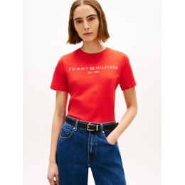 Kurzarmshirt Tommy Hilfiger "REG CORP LOGO C-NK SS", Damen, Gr. S (36/38), fireworks, Jersey, Obermaterial: 100% Baumwolle, unifarben, normal h&uuml;ftlang, Rundhals, eingesetzt abgesteppte Kante, Shirts, Baumwolle