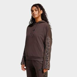 Kapuzensweatshirt adidas Sportswear "SEASONAL ESSENTIALS FRENCH TERRY HOODIE, LEOPARDENPRINT, 3-STREIFEN", Damen, Gr. L, aurora coffee, multicolor, Obermaterial: 55% Baumwolle, 36% Polyester, 9% Viskose, angesetztes B&uuml;ndchen, Sweatshirts
