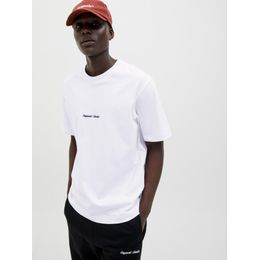 Jack & Jones Kurzarmshirt JACK & JONES "JORNORREBRO EMB TEE SS CREW NECK NOOS", Herren, Gr. M, wei&szlig; (hellwei&szlig;), Jersey, Obermaterial: 100% Baumwolle, bedruckt, relaxed fit normal, Rundhals, gerader Abschluss, Shirts, mit Logo Print
