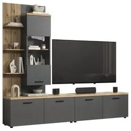 Wohnwand Home Affaire "Bajo", anthrazit, evoke eiche, B:240cm H:212cm T:40cm, Glas, Holzwerkstoff, Kunststoff, Kastenm&ouml;bel-Sets, Wohnwand, Set bestehend aus: 2x TV-Lowboards, 1x H&auml;ngevitrine