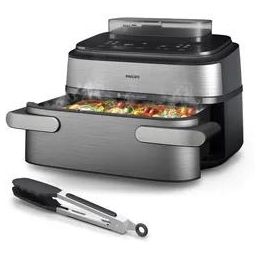 Philips Hei&szlig;luftfritteuse "NA565/02 Steam Airfryer 5000 Series Megabasket, 9,5L Kapazit&auml;t", silber edelstahl, schwarz, B:49,6cm H:35,5cm T:32,9cm, Fritteusen, mit Dampfgarfunktion u. RapidAir Plus Technologie; inkl. Servierzange
