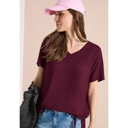 Kurzarmbluse Cecil, Damen, Gr. L (42), sweet grape rot, Stoff, 100% Viskose, unifarben, klassisch normal, V-Ausschnitt, normaler Saum, Blusen, mit Knotendetail am Saum