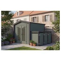 Gartenhaus Weka "Killarney", gr&uuml;ngrau, anthrazit, ohne Fu&szlig;boden, ohne Dacheindeckung, Massivholz, Gartenh&auml;user, Gartenhaus, Doppelt&uuml;r mit Lamellen, inkl. 3er M&uuml;lltonnenbox