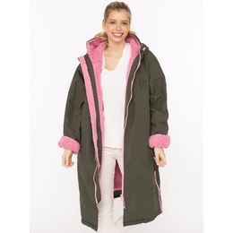Kurzmantel Zwillingsherz "Oversize Windjacke ZH", Damen, Gr. L/XL, khaki, Web, Obermaterial: 100% Polyester, kontrastfarbene Details, unifarben, sehr weit kniebedeckend, ohne Ausschnitt, gerader Abschluss krempelbar,mit verstellbarem Klettverschluss, M&auml;ntel Kurzmantel, seitliche Taschen, Kapuze, Rei&szlig;verschluss, Teddy Futter
