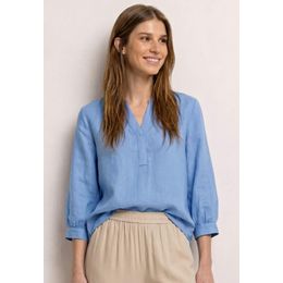 Shirtbluse Street One, Damen, Gr. 34, drift blau, Web, 55% Leinen, 45% Viskose, unifarben, klassisch normal, Rundhals, B&uuml;ndchen, Blusen, mit geschlitztem Rundhalsausschnitt