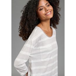 Streifenpullover Laura Scott "aus leichtem, sommerlichem Jersey Tshirt Material", Damen, Gr. 32/34, beige, wei&szlig; gestreift, Strick, Obermaterial: 50% Polyester, 45% Viskose, 5% Elasthan, gestreift, oversize h&uuml;ftlang, Rundhals, abgesteppt, Pullover Streifenpullover, leichter &Uuml;bergangspullover mit seitlichem Schlitz und Brusttasche