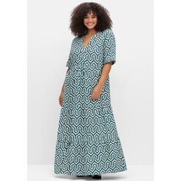 Maxikleid sheego "Maxikleid", Damen, Gr. 48, Normalgr&ouml;&szlig;en, blau (petrol, gemustert), 100% Viskose, gemustert, lang, V-Ausschnitt, Kleider Maxikleid