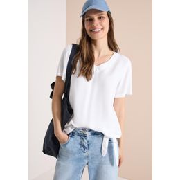 Kurzarmbluse Cecil, Damen, Gr. L (42), wei&szlig;, Stoff, 100% Viskose, unifarben, klassisch normal, V-Ausschnitt, normaler Saum, Blusen, mit Knotendetail am Saum