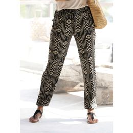 Jerseyhose Lascana, Damen, Gr. 34, N-Gr, beige (schwarz, creme, bedruckt), Jersey, Obermaterial: 100% Viskose, bedruckt, figurumspielend lang, Hosen Jerseyhose, mit Ethnomuster und Taschen, luftige Sommerhose