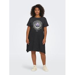 Shirtkleid Only CARMAKOMA "CARLUCY LIFE SS T-SHIRT DRESS JRS NOOS", Damen, Gr. S, N-Gr, schwarz (schwarz print:lotus), Jersey, Obermaterial: 100% Baumwolle, bedruckt, regular fit kniefrei, Rundhals, Kleider Shirtkleid, Sommerkleid