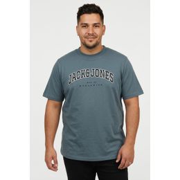 Jack & Jones PlusSize T-Shirt "JJECALEB VARSITY TEE SS O-NECK NOOS PLS", Herren, Gr. 5XL, grau (stormy weather), Jersey, Obermaterial: 100% Baumwolle, JACK & JONES PLUSSIZE, bedruckt, Basic, regular fit normal, Rundhals, Shirts T-Shirt, mit Logobranding