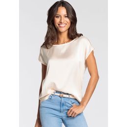 Shirtbluse Laura Scott "mit Satin-Vorderteil und hochflexiblen Jersey-R&uuml;cken", Damen, Gr. 34, beige (creme), Web, Obermaterial: 100% Polyester. R&uuml;ckenteil: 95% Viskose, 5% Elasthan, leicht gl&auml;nzend, unifarben, l&auml;ssig geschnitten h&uuml;ftlang, Rundhals, angeschnitten, Blusen, lockere Passfrom, zeitlos & gut zu kombinieren