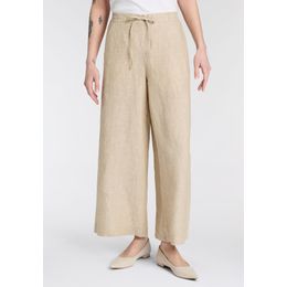 Leinenhose MAC "CALLIE cropped", Damen, Gr. 40, N-Gr, almond beige melange, Web, Obermaterial: 100% Leinen, gestreift, normal lang, Hosen, gestreift mit Kordelzug