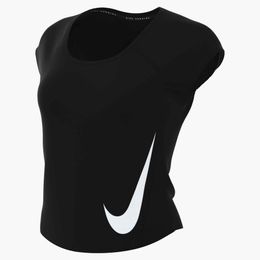 Lauftop Nike "W NK TEMPO SWOOSH RUN DF SS", Damen, Gr. L, schwarz, wei&szlig;,, Obermaterial: 100% Polyester, normal, Rundhals, Tops, sportlicher Stil, Rundhalsausschnitt, schmale Passform