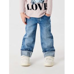 Straight-Jeans name it "NMFROSE STRAIGHT FOLD JEANS 4224-AZ NOOS", M&auml;dchen, Gr. 116, N-Gr, blau (medium blau denim), Denim/Jeans, Obermaterial: 99% Baumwolle, 1% Elasthan, Abriebeffekte, straight fit lang, Jeans Straight-Jeans